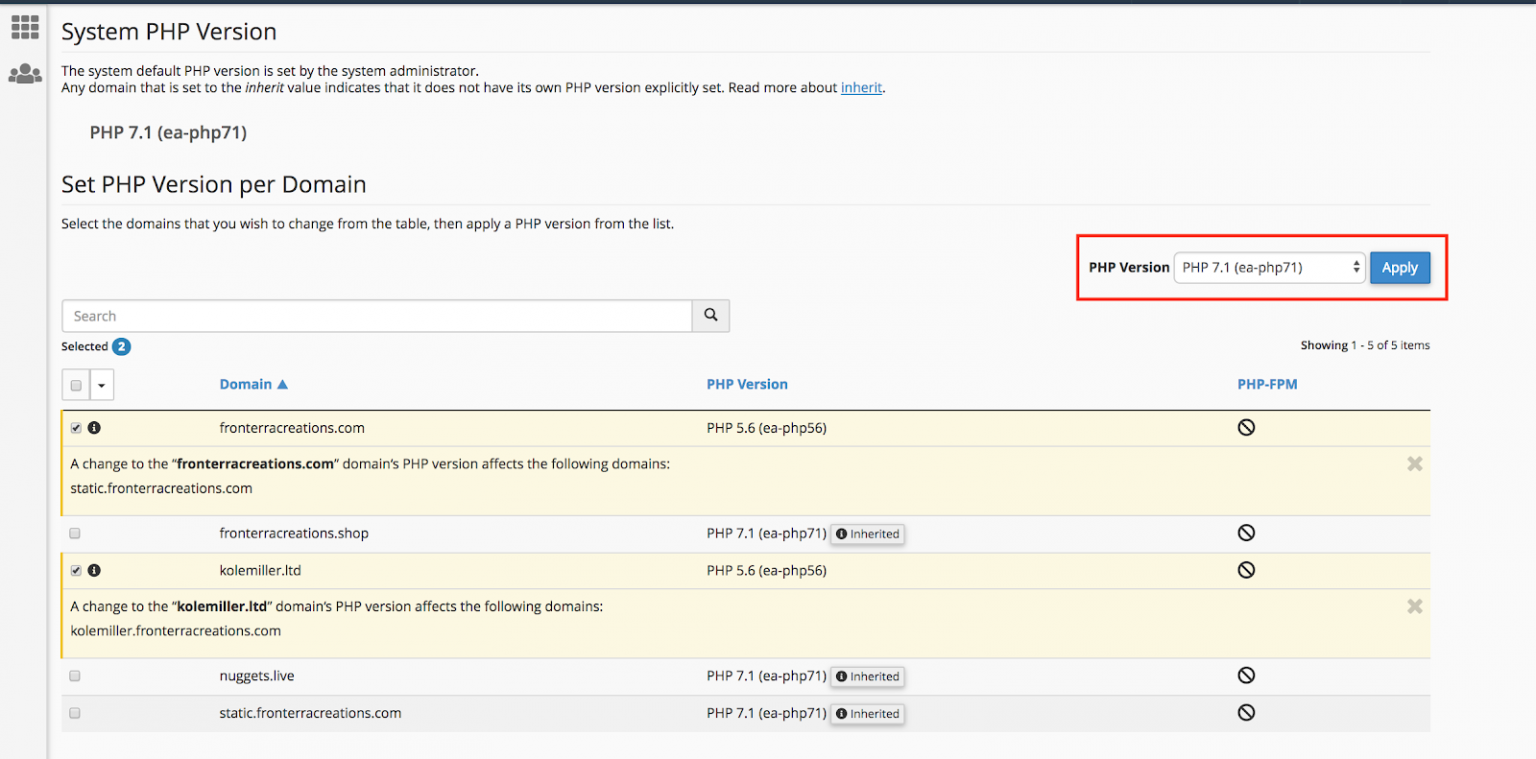 Switching PHP Version within cPanel – in2wp