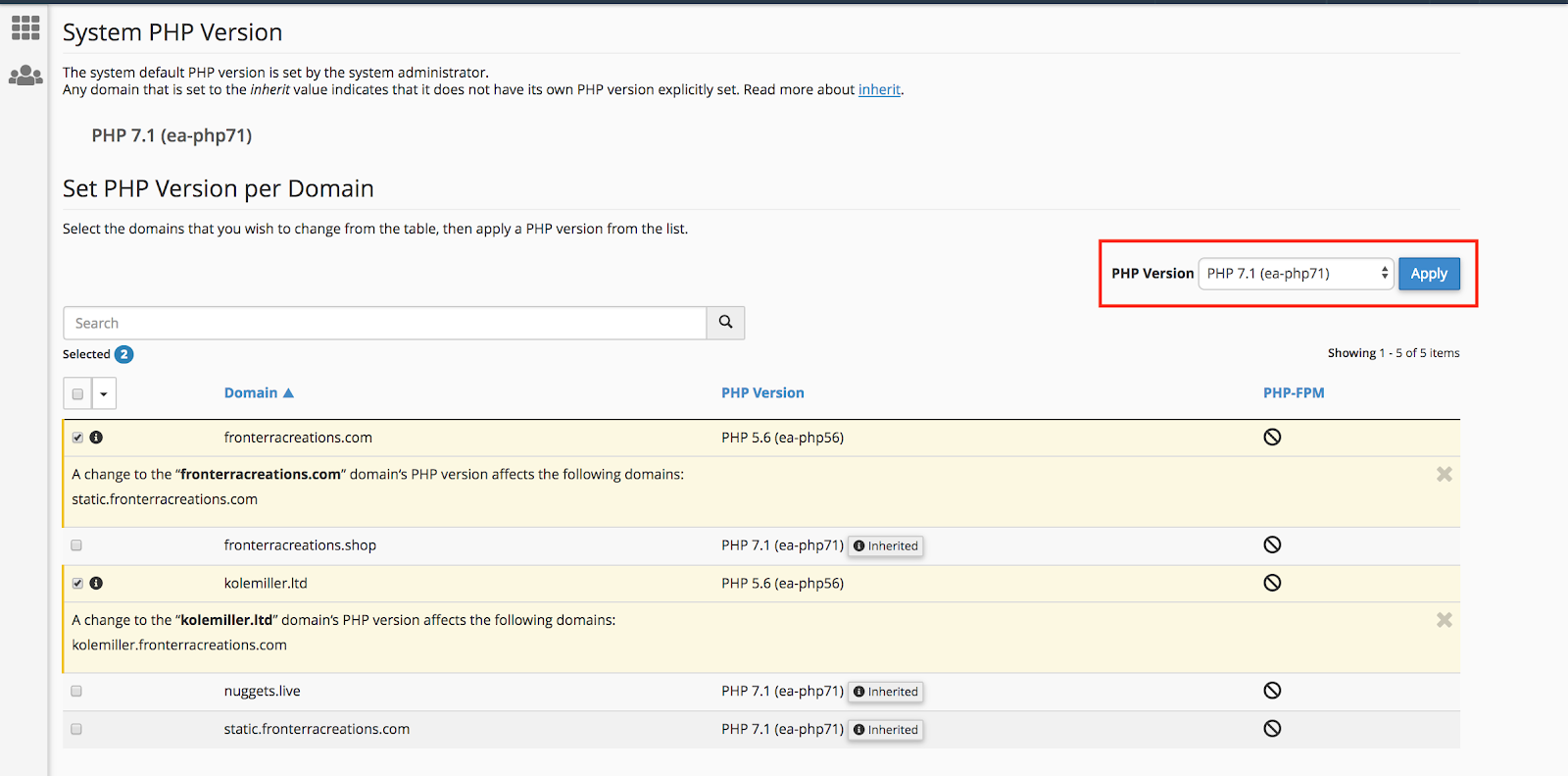 Switching Php Version Within Cpanel In2wp